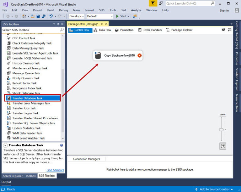 Configure Transfer Database Task in SSDT 2017