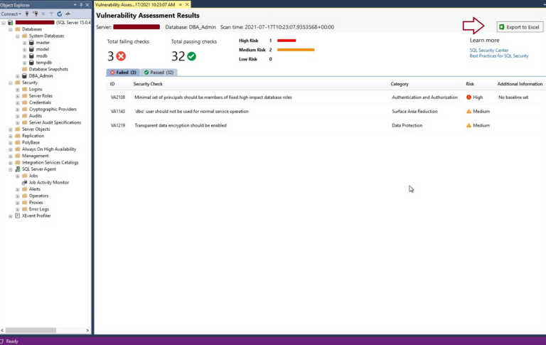 Database security testing using SQL Server Vulnerability Assessments