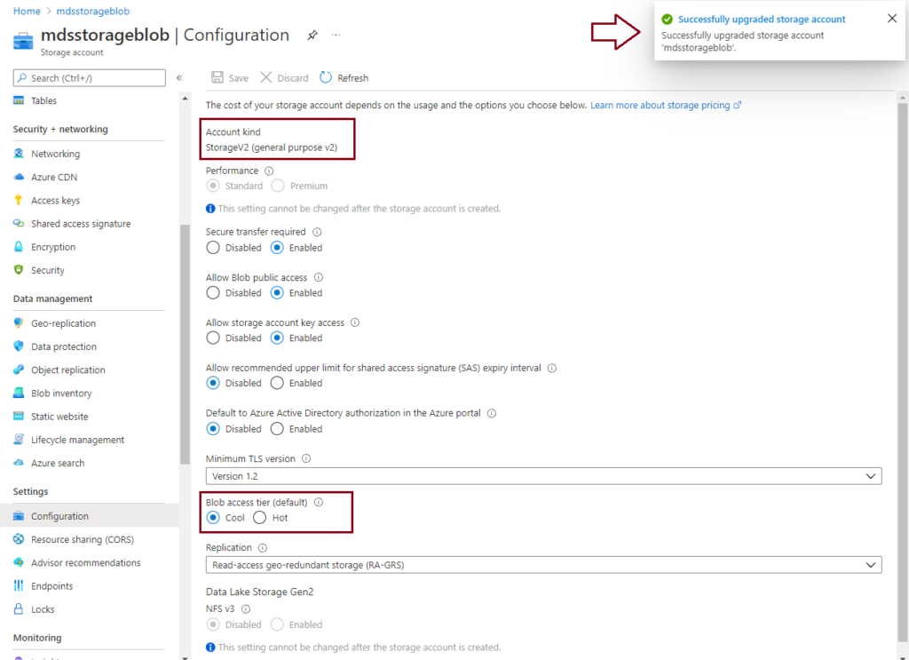 Upgrade an Azure blob storage account type from BlobStorage or GPv1 to GPv2