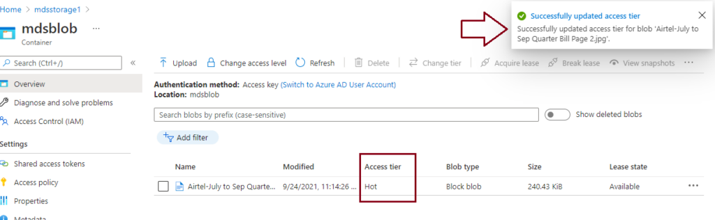 Change Access Tiers of a blob and Azure storage account