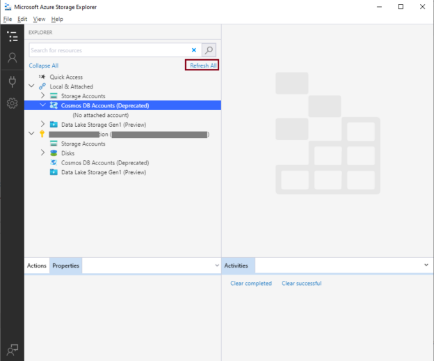 Managing Cosmos DB using Azure storage explorer