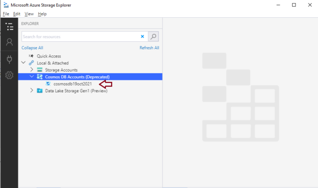 Managing Cosmos DB using Azure storage explorer