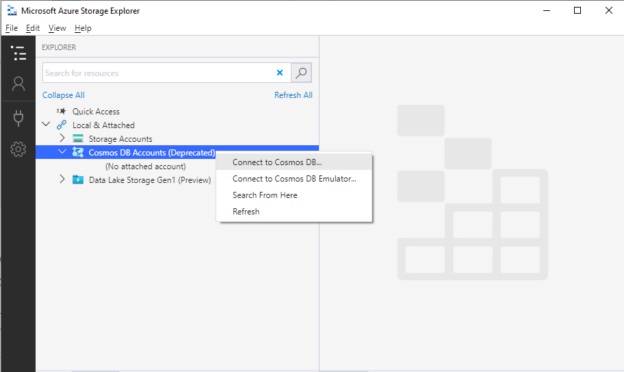 Managing Cosmos DB using Azure storage explorer