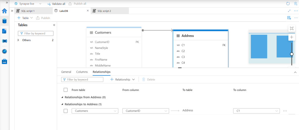 Configuring tables and relationships in Azure Synapse Lake Database