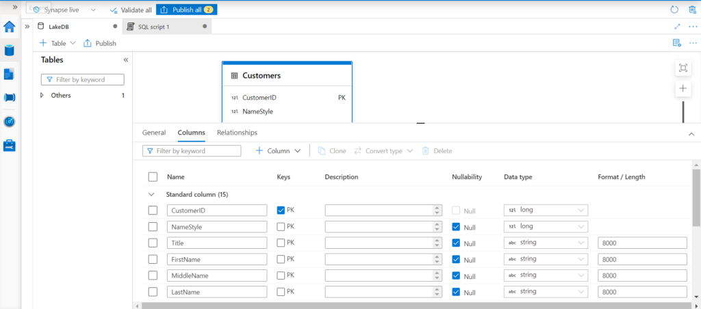 Configuring tables and relationships in Azure Synapse Lake Database