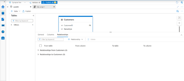 Configuring tables and relationships in Azure Synapse Lake Database