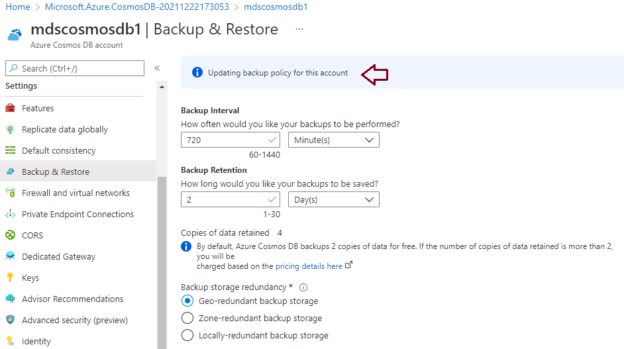 How to configure periodic backup for an Azure Cosmos DB account