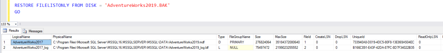Use of the RESTORE FILELISTONLY command in SQL Server