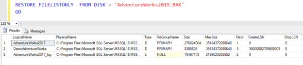 Use of the RESTORE FILELISTONLY command in SQL Server